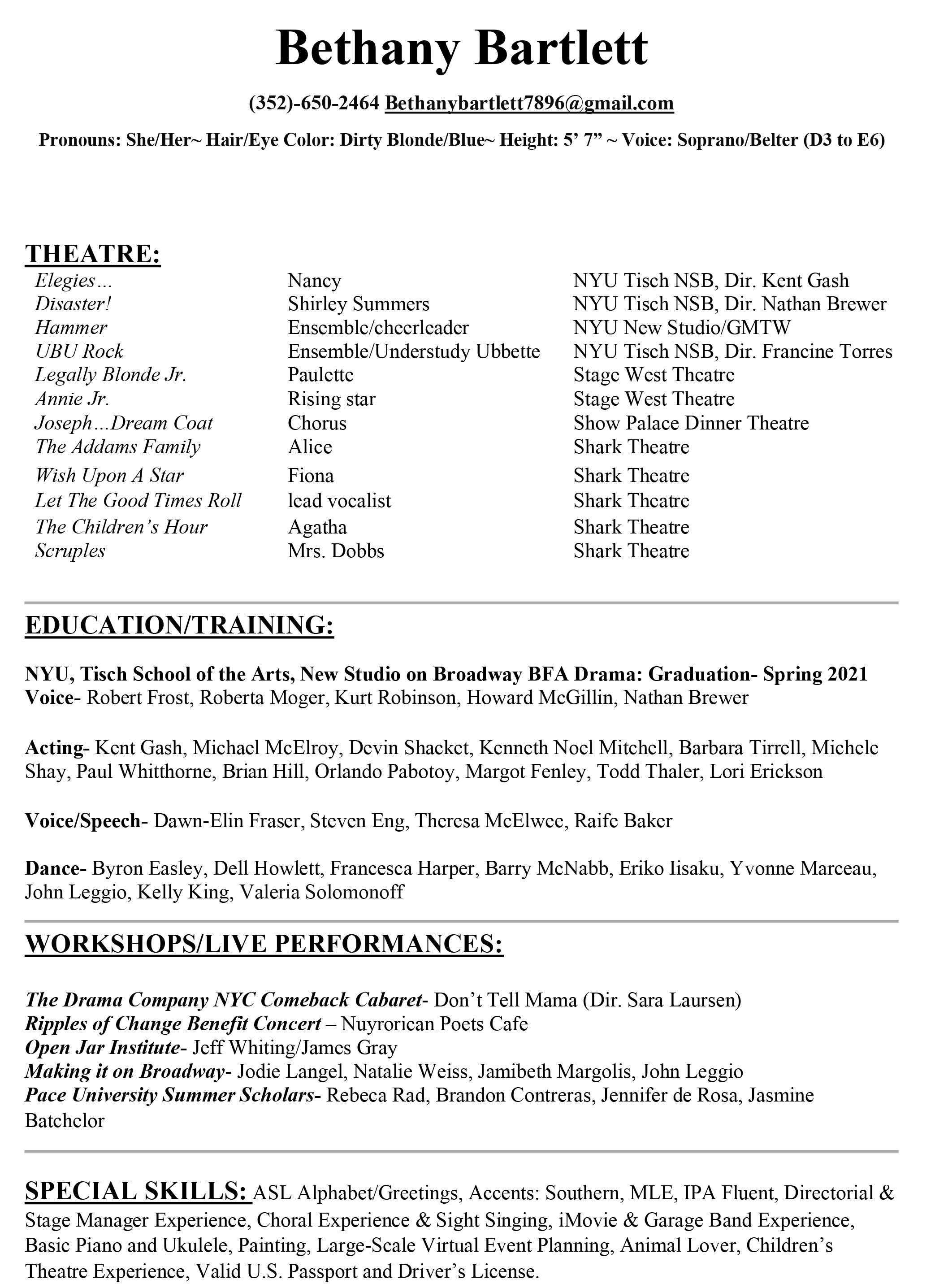 Bethany Bartlett | Actor|Singer|Dancer